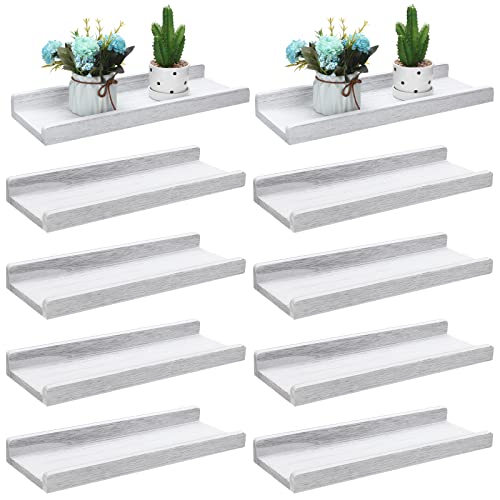 10 Pcs White Floating Shelves Wall Mounted 17 x 6 Inch Rustic Wood Wall Shelves Wooden Floating Shelves Hanging Picture Ledge Shelf for Storage Bathroom Bedroom Nursery Room Kitchen Wall Decor