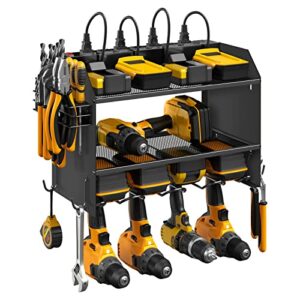 cccei modular power tool organizer wall mount with charging station. garage 4 drill storage shelf with hooks, screwdriver, drill bit heavy duty rack, tool battery holder built in 8 outlet power strip.