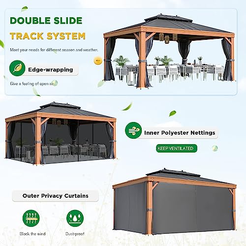 EROMMY 12'x16' Hardtop Gazebo Outdoor Aluminum Wood Grain Gazebos with Galvanized Steel Roof and Mosquito Net for Patios, Deck, Backyard, Curtains & Netting