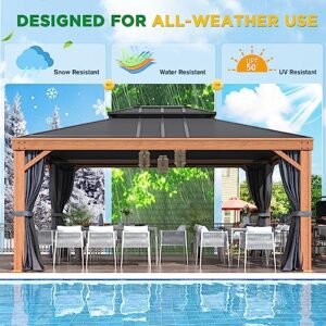 EROMMY 12'x16' Hardtop Gazebo Outdoor Aluminum Wood Grain Gazebos with Galvanized Steel Roof and Mosquito Net for Patios, Deck, Backyard, Curtains & Netting