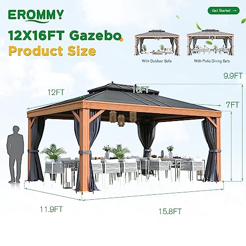 EROMMY 12'x16' Hardtop Gazebo Outdoor Aluminum Wood Grain Gazebos with Galvanized Steel Roof and Mosquito Net for Patios, Deck, Backyard, Curtains & Netting