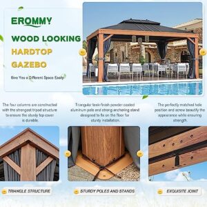 EROMMY 12'x16' Hardtop Gazebo Outdoor Aluminum Wood Grain Gazebos with Galvanized Steel Roof and Mosquito Net for Patios, Deck, Backyard, Curtains & Netting