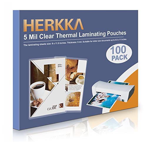 HERKKA 100 Pack Laminating Sheets, Holds 8.5 x 11 Inch Sheets, 5Mil Clear Thermal Laminating Pouches 9 x 11.5 Inch Lamination Sheet Paper for Laminator, Round Corner Letter Size