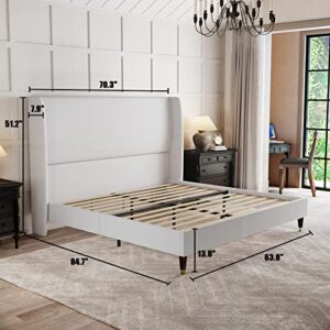 PaPaJet Queen Platform Bed Frame 51.2" High Headboard Linen Tall Upholstered Bed/No Box Spring Required/Wood Slat Support/Easy Assembly White