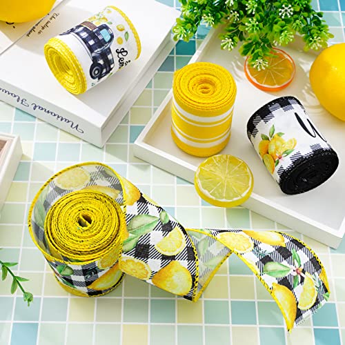 AnyDesign Lemon Wired Edge Ribbon 24 Yards Summer Yellow Lemons Truck Craft Ribbon Buffalo Plaids Farmhouse Fabric Ribbon for Wreath Bow Making DIY Crafts Wrapping Supplies, 4 Roll