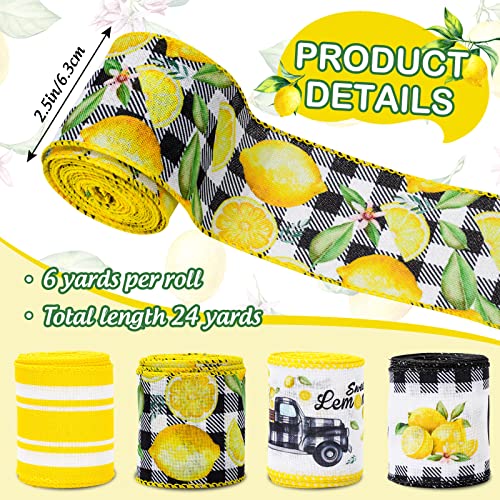 AnyDesign Lemon Wired Edge Ribbon 24 Yards Summer Yellow Lemons Truck Craft Ribbon Buffalo Plaids Farmhouse Fabric Ribbon for Wreath Bow Making DIY Crafts Wrapping Supplies, 4 Roll