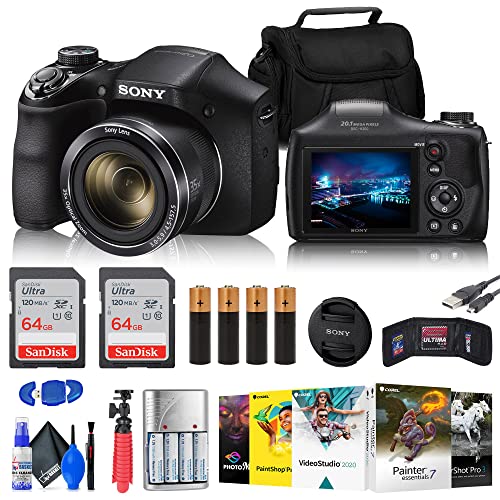 Sony Cyber-Shot DSC-H300 Digital Camera (Black) (DSCH300/B) + 2 x 64GB Memory Card + Card Reader + Corel Photo Software + Case + Flex Tripod + 4xAA Batteries + Memory Wallet + Cleaning Kit (Renewed)