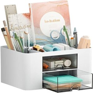 marbrasse pen organizer with 2 drawer, multi-functional pencil holder for desk, desk organizers and accessories with 5 compartments + drawer for office art supplies (white)