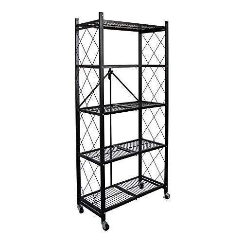 Azure Sky 5-Tier Foldable Storage Rack with Wheels, Folding Metal Shelves Unit Organizer, Heavy-Duty Metal Black Wire Folding Storage Rack No Assembly, for Garage Kitchen Pantry Bedroom