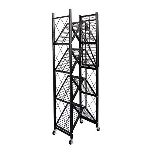 Azure Sky 5-Tier Foldable Storage Rack with Wheels, Folding Metal Shelves Unit Organizer, Heavy-Duty Metal Black Wire Folding Storage Rack No Assembly, for Garage Kitchen Pantry Bedroom