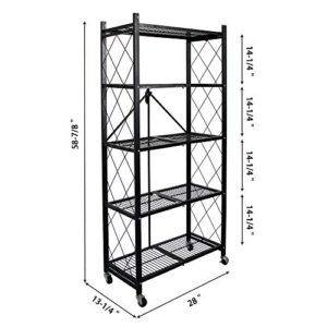 Azure Sky 5-Tier Foldable Storage Rack with Wheels, Folding Metal Shelves Unit Organizer, Heavy-Duty Metal Black Wire Folding Storage Rack No Assembly, for Garage Kitchen Pantry Bedroom