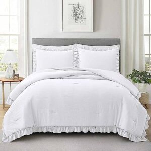 faincy king size comforter set, white ruffled reversible down alternative bed sets - 104 x 90 3pc soft microfiber duvet farmhouse vintage shabby chic rustic bedding in a bag for women men