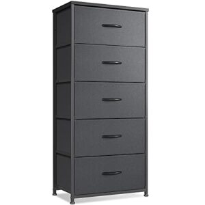 banti dresser for bedroom, tall kids fabric vertical dresser with 5 drawers, storage tower organizer unit for closet, living room, bedroom, hallway, steel frame wood top, black grey