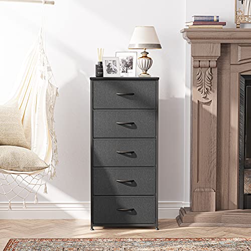 BANTI Dresser for Bedroom, Tall Kids Fabric Vertical Dresser with 5 Drawers, Storage Tower Organizer Unit for Closet, Living Room, Bedroom, Hallway, Steel Frame Wood Top, Black Grey