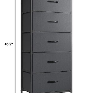 BANTI Dresser for Bedroom, Tall Kids Fabric Vertical Dresser with 5 Drawers, Storage Tower Organizer Unit for Closet, Living Room, Bedroom, Hallway, Steel Frame Wood Top, Black Grey