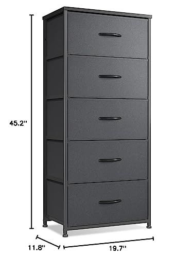 BANTI Dresser for Bedroom, Tall Kids Fabric Vertical Dresser with 5 Drawers, Storage Tower Organizer Unit for Closet, Living Room, Bedroom, Hallway, Steel Frame Wood Top, Black Grey