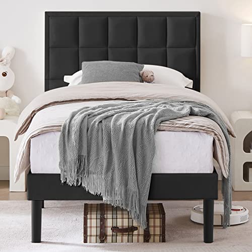 Flolinda Twin Bed Frames Velvet Upholstered Twin Platform Bed Frame Tufted Twin Bed with Headboard No Box Spring Needed Mattress Foundation Stable Noise-Free Easy Assembly