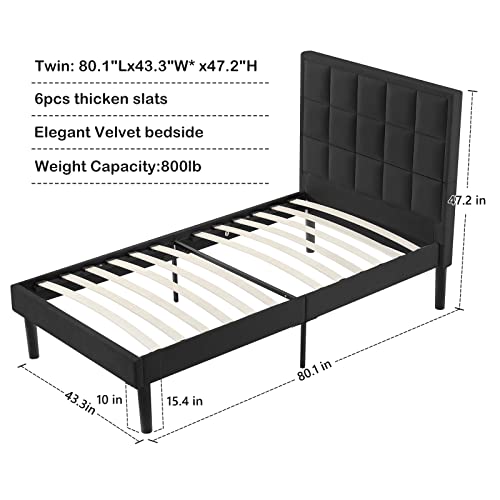 Flolinda Twin Bed Frames Velvet Upholstered Twin Platform Bed Frame Tufted Twin Bed with Headboard No Box Spring Needed Mattress Foundation Stable Noise-Free Easy Assembly