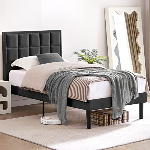 Flolinda Twin Bed Frames Velvet Upholstered Twin Platform Bed Frame Tufted Twin Bed with Headboard No Box Spring Needed Mattress Foundation Stable Noise-Free Easy Assembly