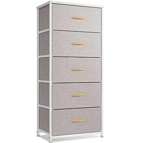 BANTI Dresser for Bedroom, Tall Kids Fabric Vertical Dresser with 5 Drawers, Storage Tower Organizer Unit for Closet, Living Room, Bedroom, Hallway, Steel Frame Wood Top, Light Grey