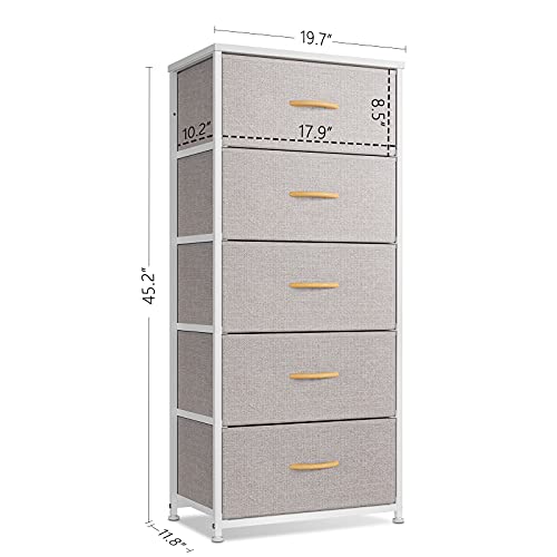 BANTI Dresser for Bedroom, Tall Kids Fabric Vertical Dresser with 5 Drawers, Storage Tower Organizer Unit for Closet, Living Room, Bedroom, Hallway, Steel Frame Wood Top, Light Grey