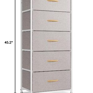 BANTI Dresser for Bedroom, Tall Kids Fabric Vertical Dresser with 5 Drawers, Storage Tower Organizer Unit for Closet, Living Room, Bedroom, Hallway, Steel Frame Wood Top, Light Grey