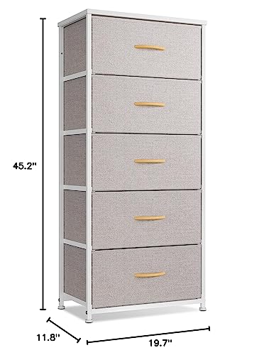 BANTI Dresser for Bedroom, Tall Kids Fabric Vertical Dresser with 5 Drawers, Storage Tower Organizer Unit for Closet, Living Room, Bedroom, Hallway, Steel Frame Wood Top, Light Grey