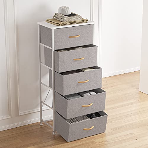 BANTI Dresser for Bedroom, Tall Kids Fabric Vertical Dresser with 5 Drawers, Storage Tower Organizer Unit for Closet, Living Room, Bedroom, Hallway, Steel Frame Wood Top, Light Grey