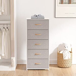 BANTI Dresser for Bedroom, Tall Kids Fabric Vertical Dresser with 5 Drawers, Storage Tower Organizer Unit for Closet, Living Room, Bedroom, Hallway, Steel Frame Wood Top, Light Grey