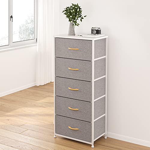 BANTI Dresser for Bedroom, Tall Kids Fabric Vertical Dresser with 5 Drawers, Storage Tower Organizer Unit for Closet, Living Room, Bedroom, Hallway, Steel Frame Wood Top, Light Grey