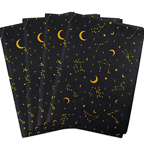 MR FIVE 100 Sheets Galaxy Tissue Paper Bulk,20" x 14",Black with Gold Moon and Star Tissue Paper for Gift Bags,Moon Star Gift Wrapping Tissue Paper for Birthday,Christmas Holiday