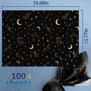 MR FIVE 100 Sheets Galaxy Tissue Paper Bulk,20" x 14",Black with Gold Moon and Star Tissue Paper for Gift Bags,Moon Star Gift Wrapping Tissue Paper for Birthday,Christmas Holiday