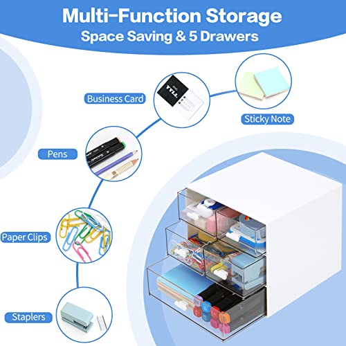 LETURE Desk Organizer with 5 Drawers, Rectangular Office Stationery Supplies Desktop Drawers, Plastic Makeup Storage, Suitable for Office, School, Home (White & 5 Drawers)