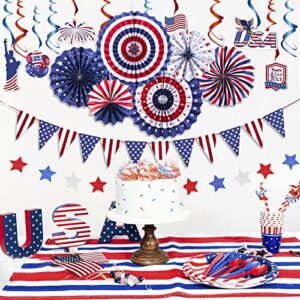 Red White Blue Patriotic Labor Day 4th of July Veteran Day Party Decorations with Decorative Tissue Paper Fans Streamers Swirls Star Garlands Banner for Independence Day Birthday Baby Classroom Decor