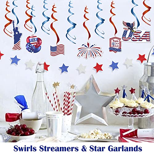 Red White Blue Patriotic Labor Day 4th of July Veteran Day Party Decorations with Decorative Tissue Paper Fans Streamers Swirls Star Garlands Banner for Independence Day Birthday Baby Classroom Decor