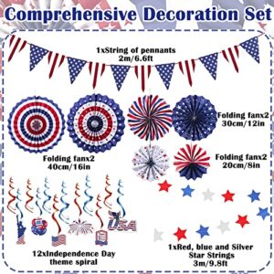 Red White Blue Patriotic Labor Day 4th of July Veteran Day Party Decorations with Decorative Tissue Paper Fans Streamers Swirls Star Garlands Banner for Independence Day Birthday Baby Classroom Decor