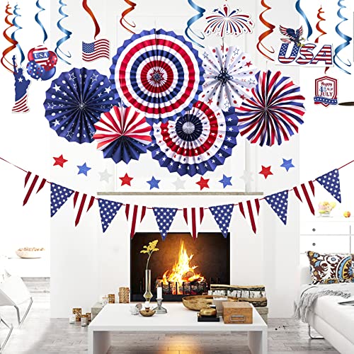 Red White Blue Patriotic Labor Day 4th of July Veteran Day Party Decorations with Decorative Tissue Paper Fans Streamers Swirls Star Garlands Banner for Independence Day Birthday Baby Classroom Decor