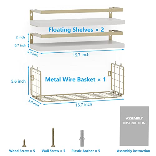 MZF Floating Shelves with Wire Storage Basket for Toilet Paper, Wall Decor for Bathroom/Living Room/Kitchen/Bedroom, (Gold-White-Gold) Shelves for Home Decor