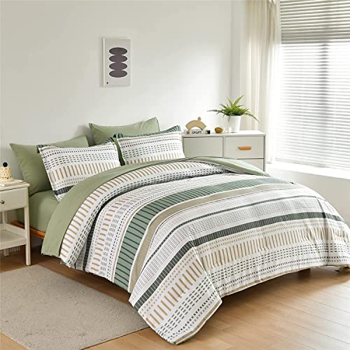 Davulos Boho Stripe Comforter Set Queen Size 7 Piece Bed in a Bag, White Sage Green Patchwork Striped Comforter and Sheet Set, Soft Microfiber Complete Bedding Set for All Season(Green,Queen)