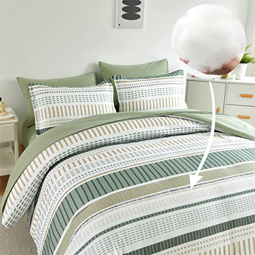 Davulos Boho Stripe Comforter Set Queen Size 7 Piece Bed in a Bag, White Sage Green Patchwork Striped Comforter and Sheet Set, Soft Microfiber Complete Bedding Set for All Season(Green,Queen)