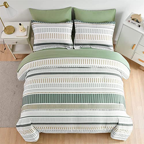 Davulos Boho Stripe Comforter Set Queen Size 7 Piece Bed in a Bag, White Sage Green Patchwork Striped Comforter and Sheet Set, Soft Microfiber Complete Bedding Set for All Season(Green,Queen)