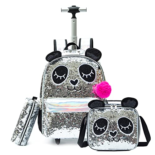 Oruiji Panda Rolling Backpack for Girls Backpack with Wheels Cute Wheeled Backpack and Lunch Bag Set for Girls Kids Rolling Suitcase Travel Luggage