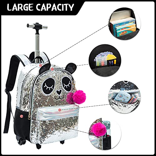 Oruiji Panda Rolling Backpack for Girls Backpack with Wheels Cute Wheeled Backpack and Lunch Bag Set for Girls Kids Rolling Suitcase Travel Luggage