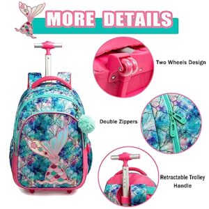 Oruiji Mermaid Rolling Backpack for Girls Backpack with Wheels Kids Wheeled School Backpack with Lunch Bag Trolley Luggage Suitcase for Girls 8-12