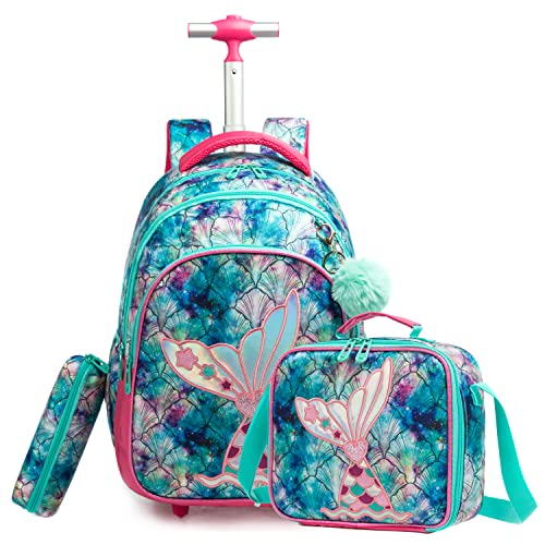 Oruiji Mermaid Rolling Backpack for Girls Backpack with Wheels Kids Wheeled School Backpack with Lunch Bag Trolley Luggage Suitcase for Girls 8-12