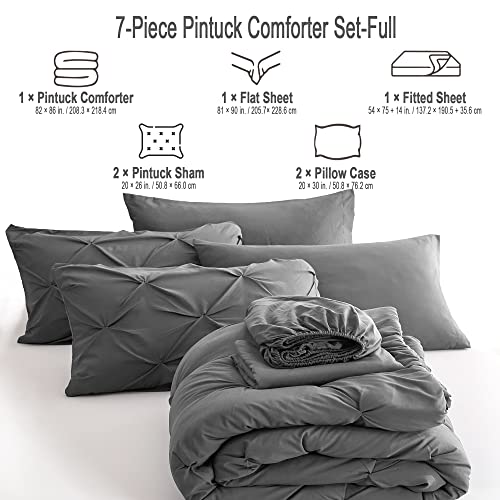 Ubauba Bedding Sets Full Size with Sheets-Pintuck 7 Pieces Bed in a Bag Grey Bed Set with Comforters, Sheets, Pillowcases & Shams,Bedding Comforters & Sets,(Grey,Full)