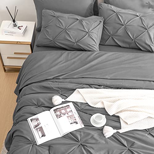 Ubauba Bedding Sets Full Size with Sheets-Pintuck 7 Pieces Bed in a Bag Grey Bed Set with Comforters, Sheets, Pillowcases & Shams,Bedding Comforters & Sets,(Grey,Full)