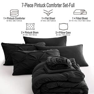 Ubauba Full Comforter Set with Sheets-Pinch Pleating 7 Pieces Bed in a Bag Black Bed Set with Comforters, Sheets, Pillowcases & Shams,Pintuck Bedding Sets,(Black,Full)