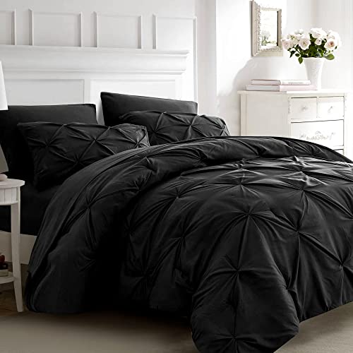 Ubauba Full Comforter Set with Sheets-Pinch Pleating 7 Pieces Bed in a Bag Black Bed Set with Comforters, Sheets, Pillowcases & Shams,Pintuck Bedding Sets,(Black,Full)