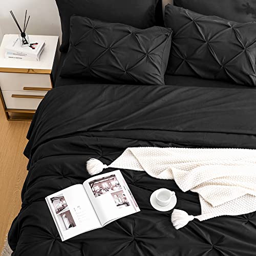 Ubauba Full Comforter Set with Sheets-Pinch Pleating 7 Pieces Bed in a Bag Black Bed Set with Comforters, Sheets, Pillowcases & Shams,Pintuck Bedding Sets,(Black,Full)